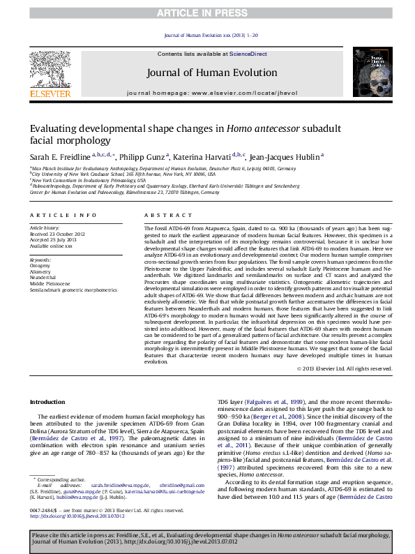 Freidline, S.E., Gunz, P., Harvati, K. & Hublin, J.-J. (2013 ...