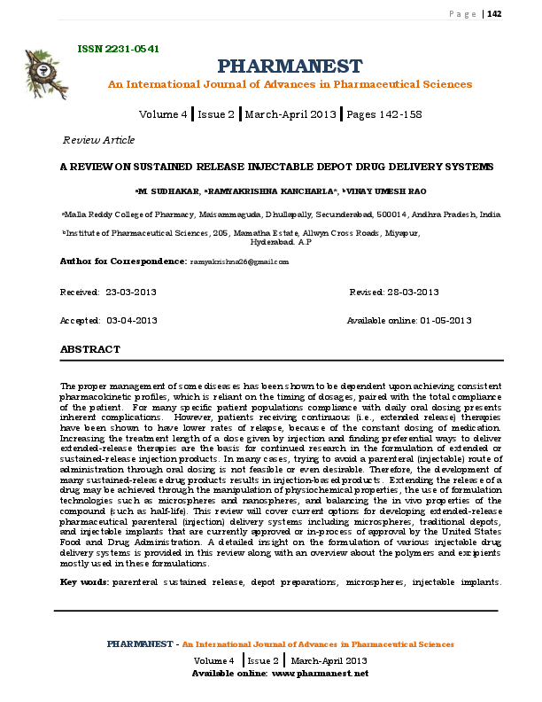 (PDF) A REVIEW ON SUSTAINED RELEASE INJECTABLE DEPOT DRUG DELIVERY SYSTEMS