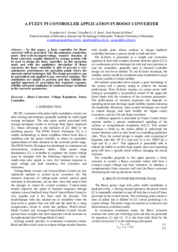 Pdf A Fuzzy Pi Controller Application In Boost Converter