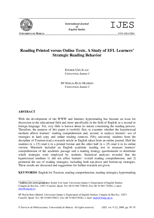 (PDF) Reading printed versus online texts. A study of EFL learners strategic reading behavior