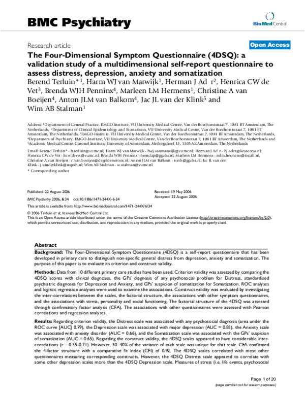 (PDF) The Four-Dimensional Symptom Questionnaire (4DSQ): a validation ...