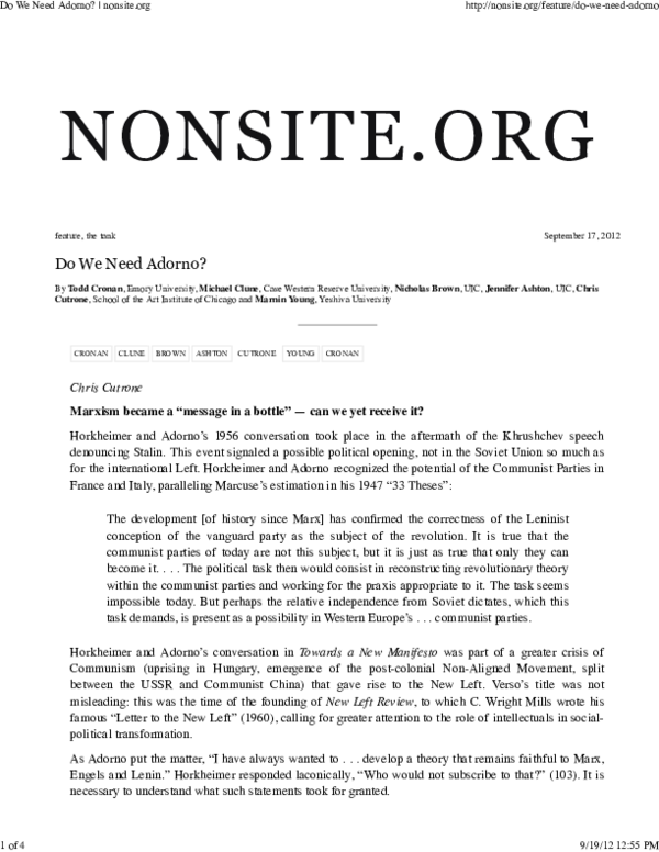 (PDF) Do we need Adorno? Marxism became a "message in a bottle" -- can ...