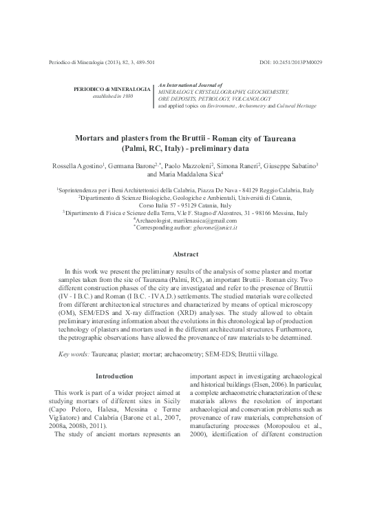 Mortars and plasters from the Bruttii - Roman city of Tauriana (Palmi ...