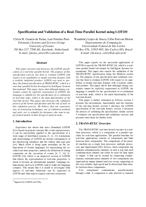 Pdf Specification And Validation Of A Real Time Parallel Kernel Using Lotos