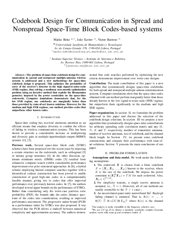 Pdf Codebook Design For Communication In Spread And Nonspread Space Time Block Codes Based Systems