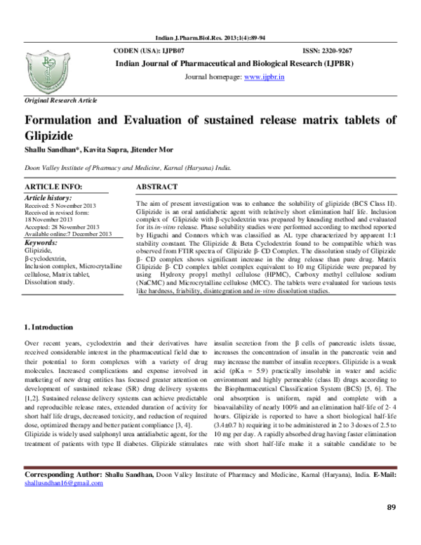 Pdf Formulation And Evaluation Of Sustained Release Matrix Tablets Of Glipizide