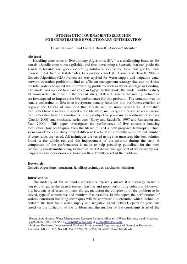 Pdf New Technique For Constraint Handling In Evolutionary Algorithm Based Water Management 
