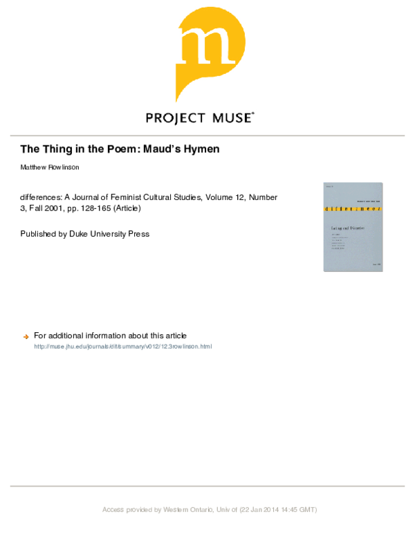 (PDF) The Thing in the Poem: Maud's Hymen