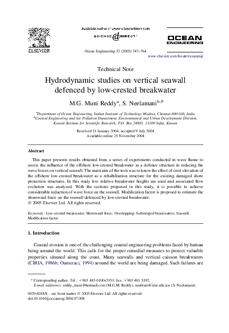 (PDF) Technical Note Hydrodynamic studies on vertical seawall defenced ...
