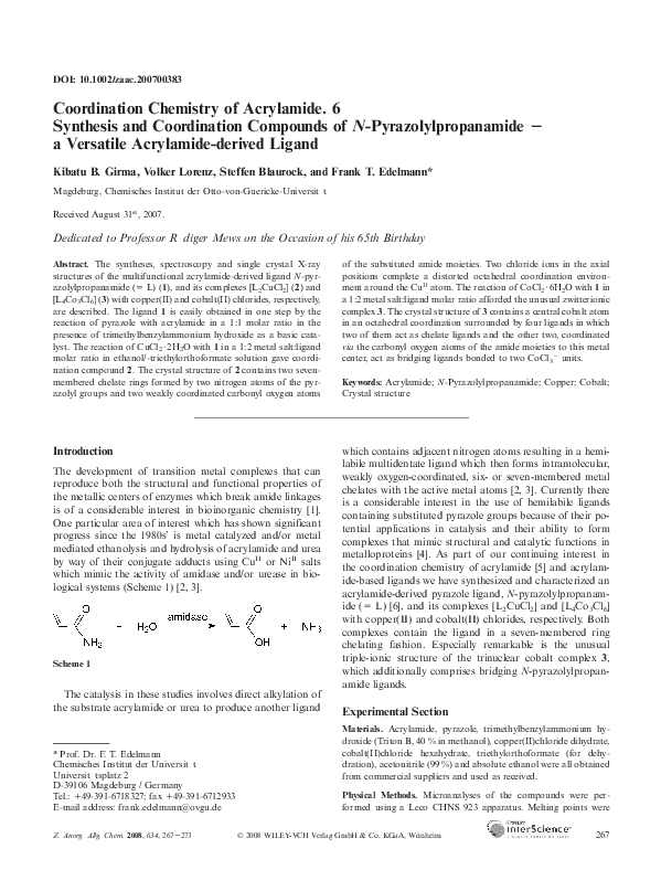 (PDF) Coordination Chemistry of Acrylamide. 6 Synthesis and Coordination Compounds of N ...