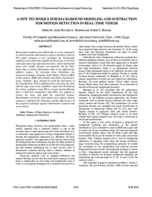 Pdf A New Technique For Background Modeling And Subtraction For