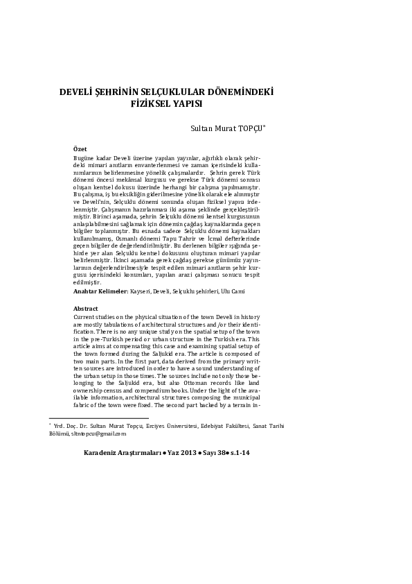 (PDF) Physical Structure of Town Develi in The Seljukid Age