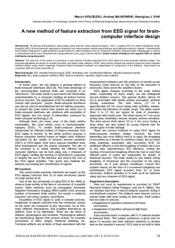 Pdf A New Method Of Feature Extraction From Eeg Signal For Brain Computer Interface Design