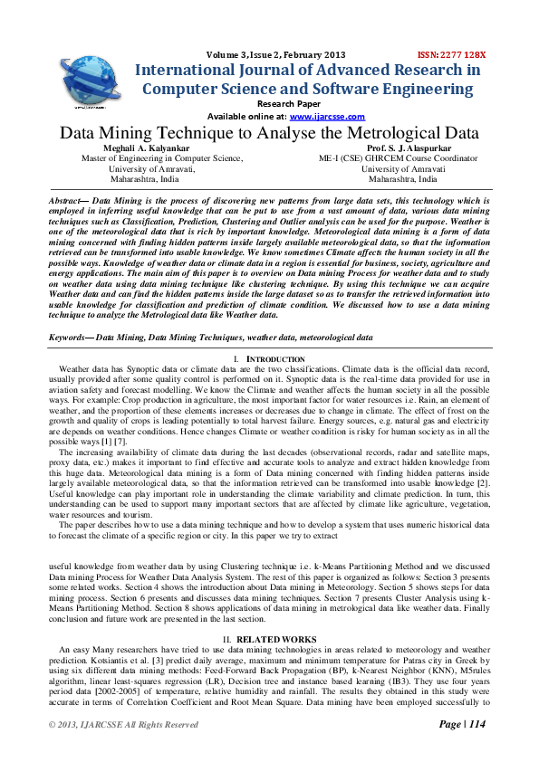 (PDF) © 2013, IJARCSSE All Rights Reserved Data Mining Technique to Analyse the Metrological Data