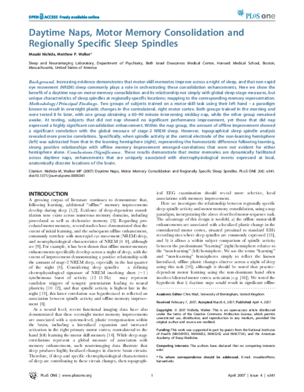 (PDF) Daytime Naps, Motor Memory Consolidation and Regionally Specific ...
