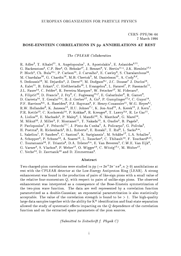 Pdf Bose Einstein Correlations In Overline{p} P Annihilations At Rest
