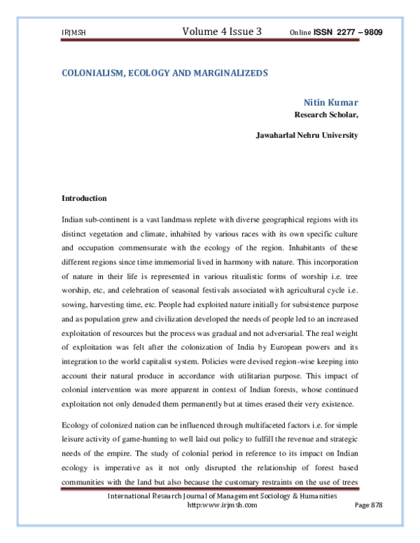 (PDF) COLONIALISM, ECOLOGY AND MARGINALIZEDS