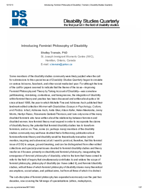 (PDF) Introducing Feminist Philosophy of Disability