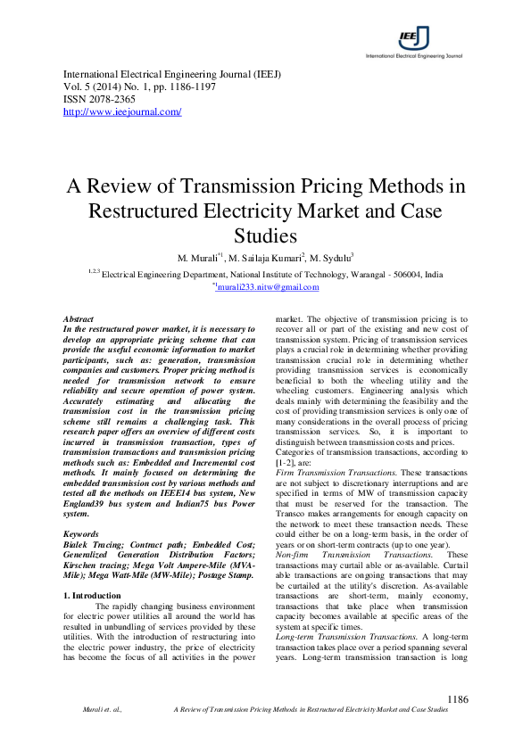 (PDF) A Review of Transmission Pricing Methods in Restructured Electricity Market and Case Studies