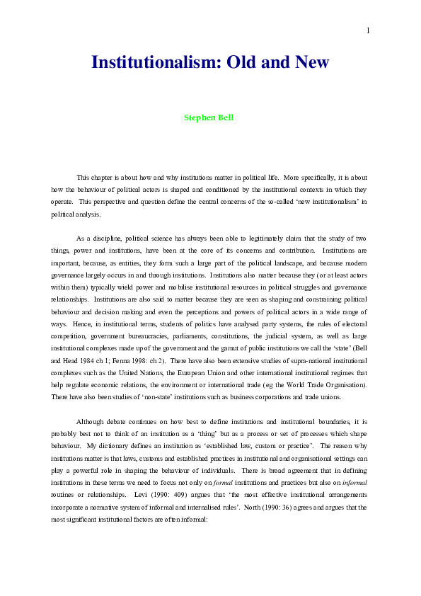 (PDF) Institutionalism: Old and New