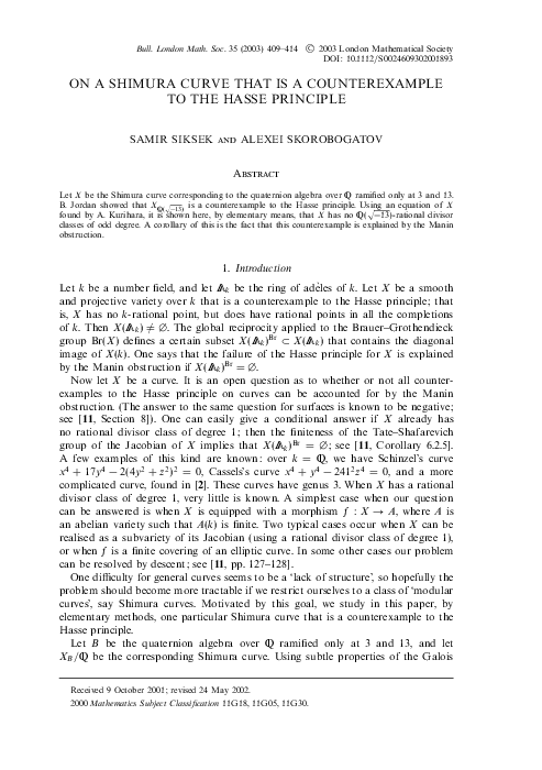 (PDF) ON A SHIMURA CURVE THAT IS A COUNTEREXAMPLE TO THE HASSE PRINCIPLE