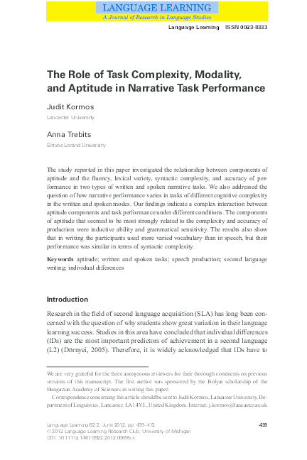 The Role of Task Complexity, Modality, and Aptitude in Narrative Task Performance