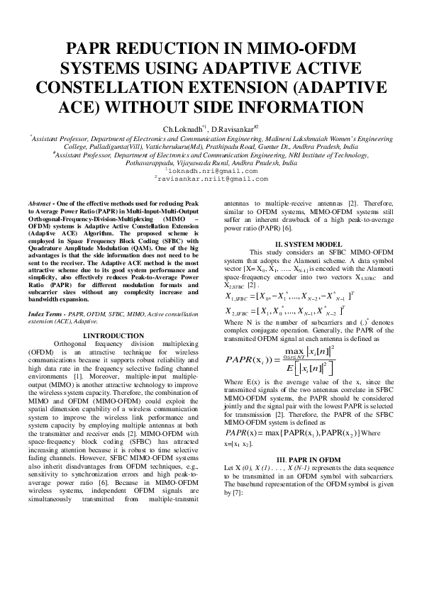 Pdf Papr Reduction In Mimo Ofdm Using Adaptive Ace