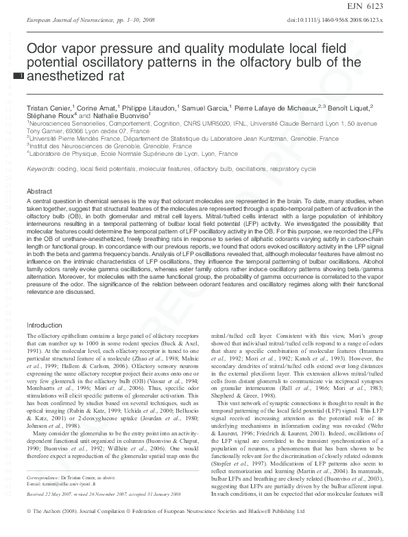 (PDF) Odor vapor pressure and quality modulate local field potential oscillatory patterns in the ...