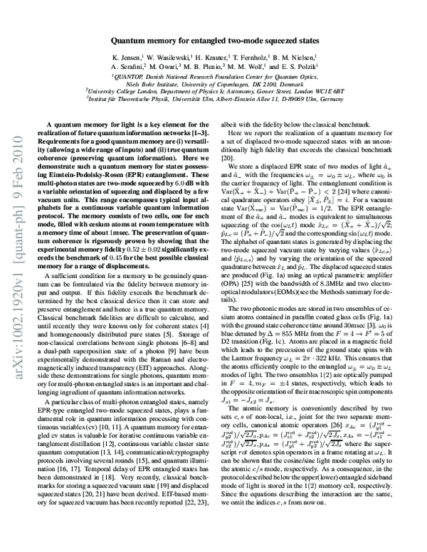 (PDF) Quantum memory for entangled two-mode squeezed states