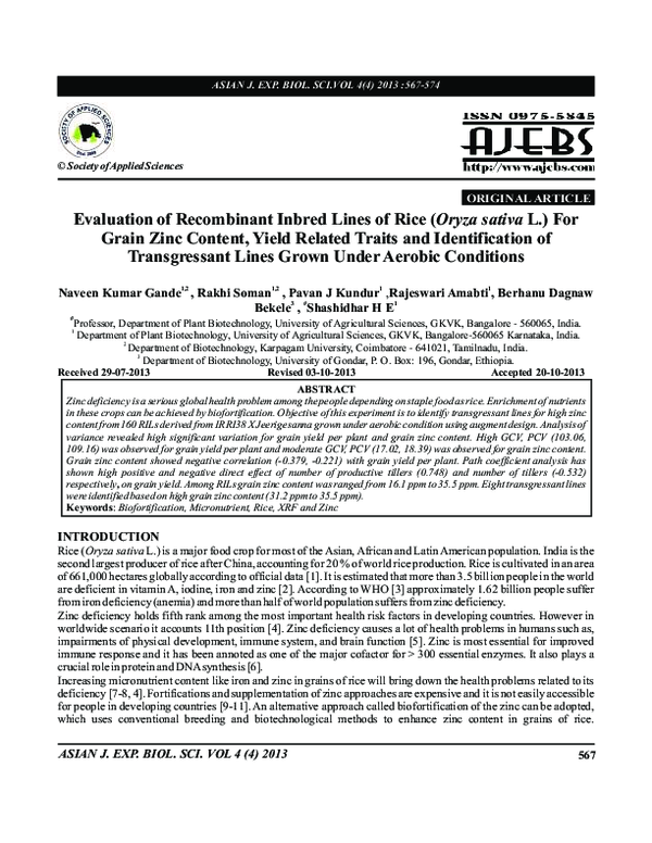 (PDF) Evaluation of Recombinant Inbred Lines of Rice ( L.) For Grain ...