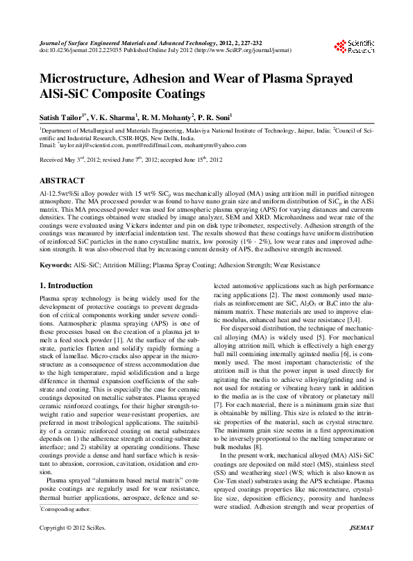 (PDF) Microstructure, Adhesion and Wear of Plasma Sprayed AlSi-SiC ...