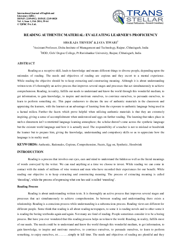(PDF) Reading Authentic Material: Evaluating Learner’s Proficiency