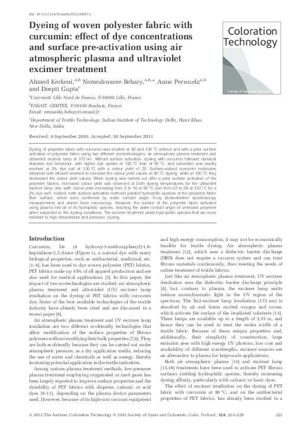 (PDF) Dyeing of woven polyester fabric with curcumin: effect of dye concentrations and surface ...