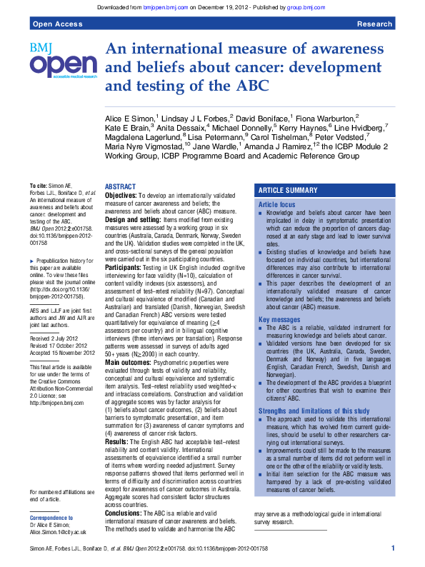 (PDF) An international measure of awareness and beliefs about cancer ...