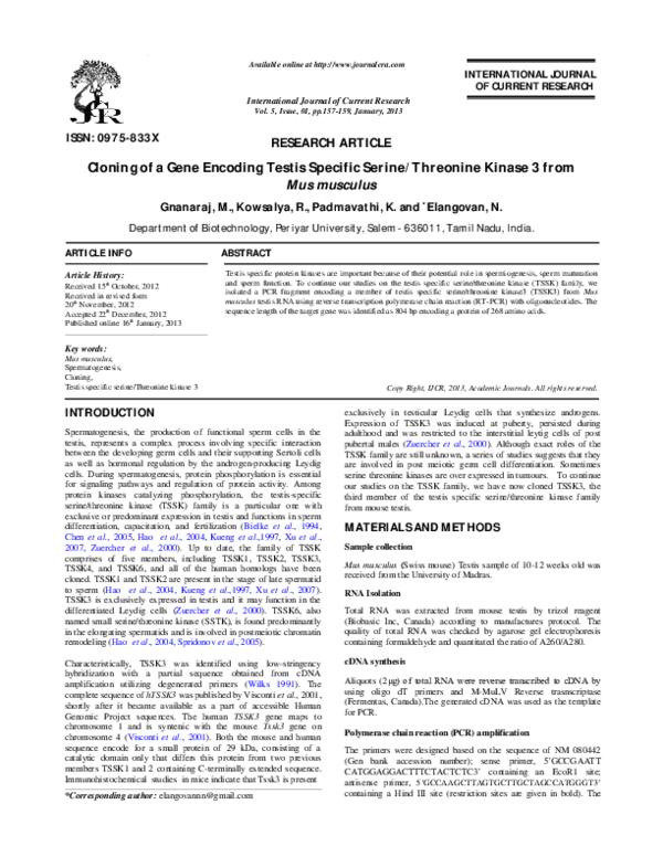 Cloning of a Gene Encoding Testis Specific Serine/Threonine Kinase 3 ...