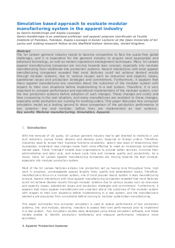(PDF) Simulation based approach to evaluate modular manufacturing system in the apparel industry