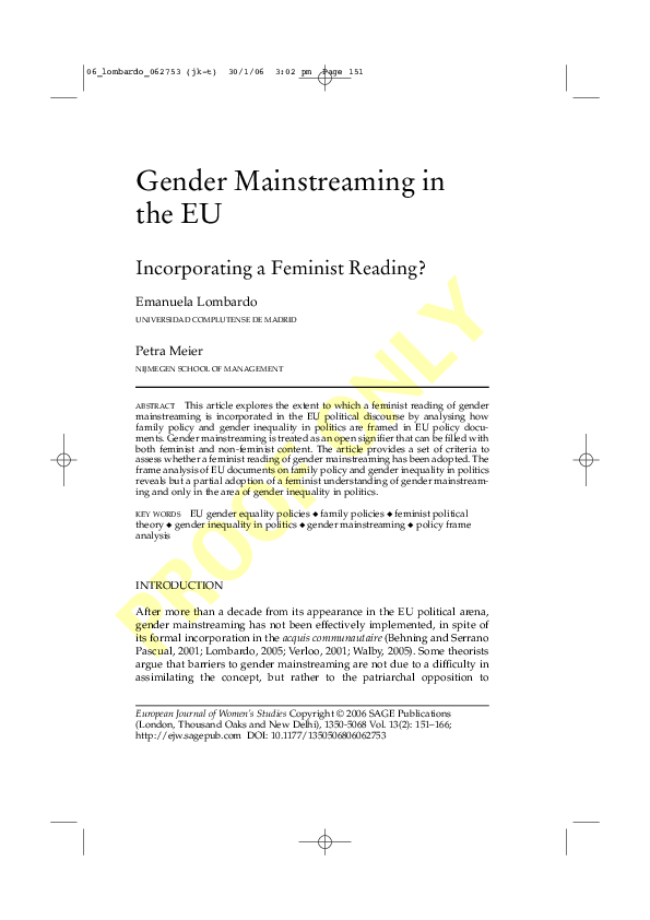 (PDF) Gender Mainstreaming in the EUIncorporating a Feminist Reading
