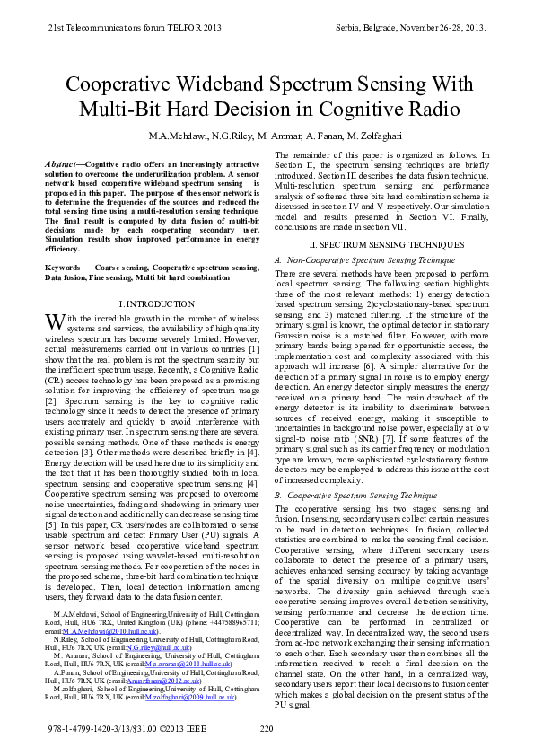(PDF) Cooperative Wideband Spectrum Sensing With Multi-Bit Hard Decision in Cognitive Radio..