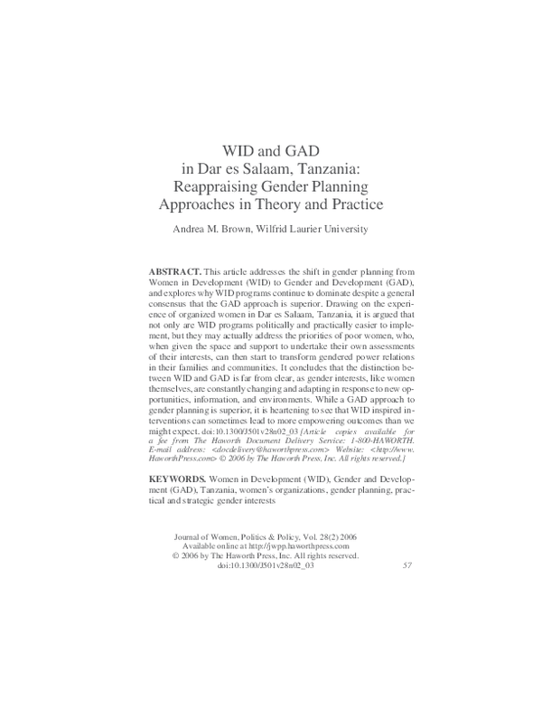 (PDF) WID and GAD in Dar es Salaam, Tanzania: Reappraising Gender ...