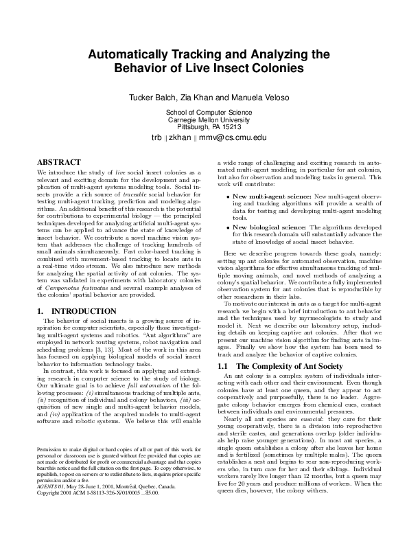 Pdf Automatically Tracking And Analyzing The Behavior Of Live Insect Colonies