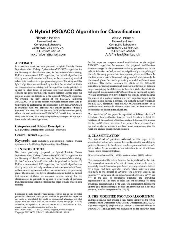 Pdf A Hybrid Psoaco Algorithm For Classification
