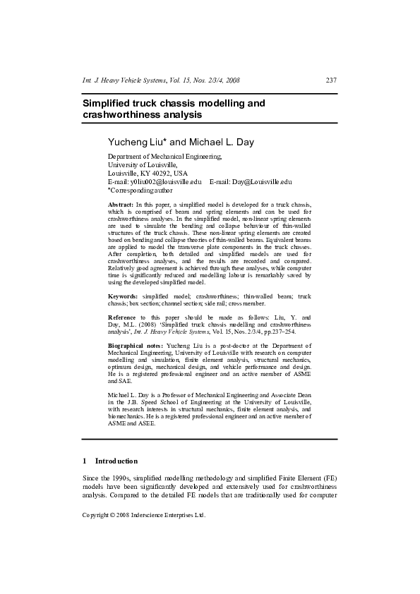 Pdf Simplified Truck Chassis Modeling And Crashworthiness Analysis