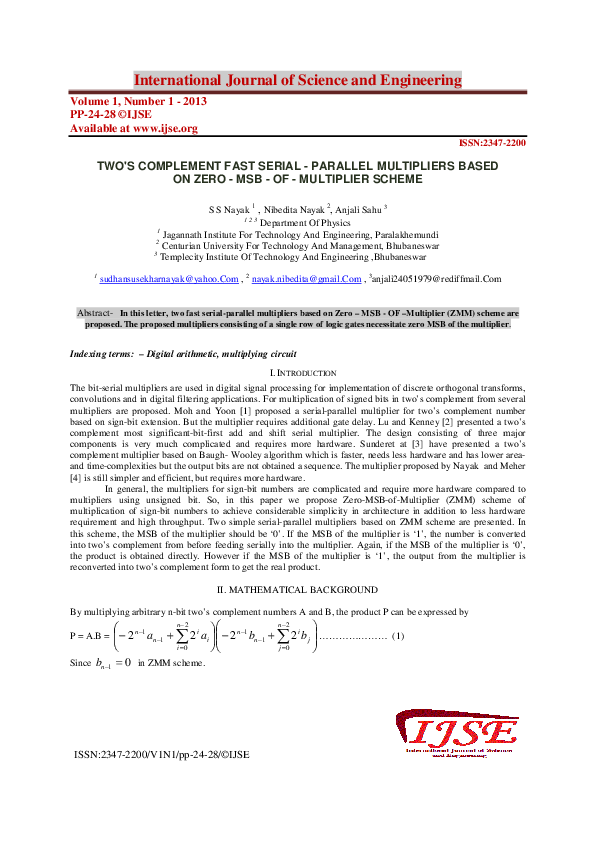 (PDF) International Journal of Science and Engineering TWO'S COMPLEMENT FAST SERIAL -PARALLEL ...