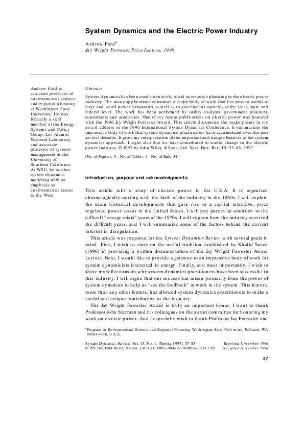 (PDF) System Dynamics and the Electric Power Industry