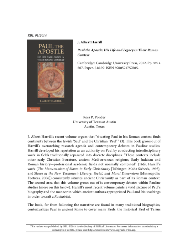 (PDF) RBL Review of J. Albert Harrill, Paul the Apostle: His Life and ...
