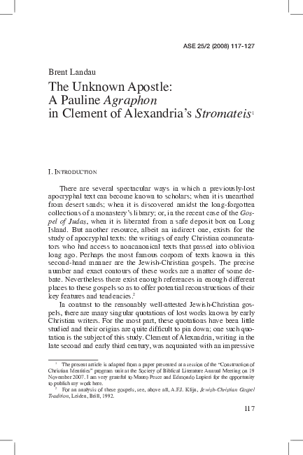 The Unknown Apostle: A Pauline Agraphon in Clement of Alexandria's ...