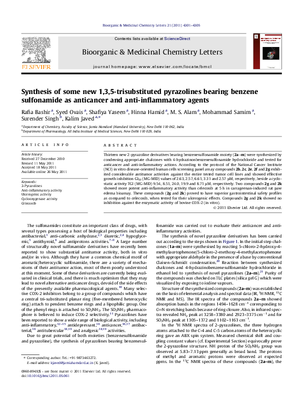 Pdf Synthesis Of Some New 1 3 5 Trisubstituted Pyrazolines Bearing Benzene Sulfonamide As