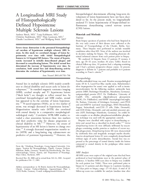 (PDF) A Longitudinal MRI Study of Histopathologically Defined Hypointense Multiple Sclerosis Lesions