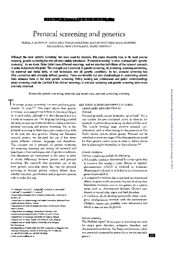 (PDF) Prenatal screening and genetics