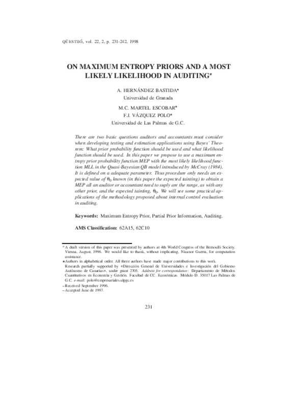 (PDF) On maximum entropy priors and a most likely likelihood in auditing